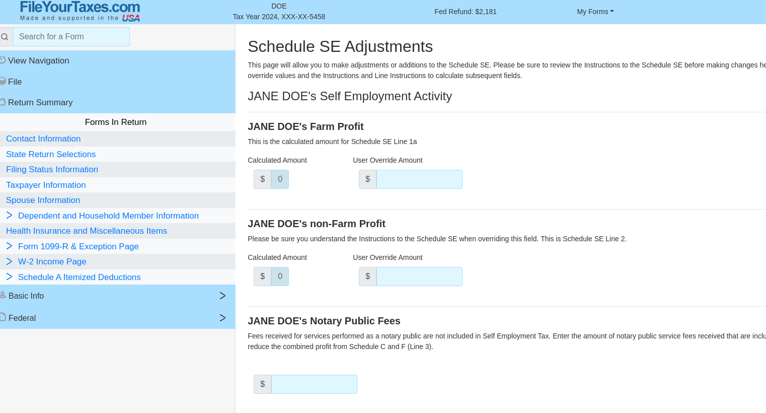 How to add schedule SE adjustments – FileYourTaxes.com
